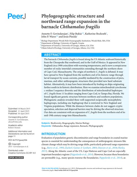 Pdf Phylogeographic Structure And Northward Range Expansion In The Barnacle Chthamalus Fragilis