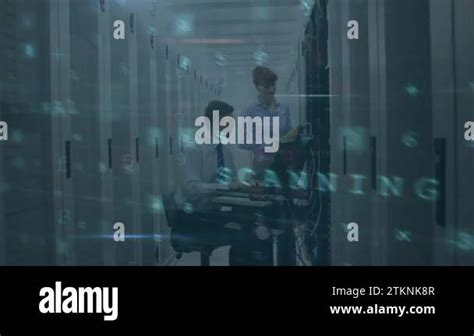 Animation Of Cyber Attack Warning Text Over Diverse It Woman And Man