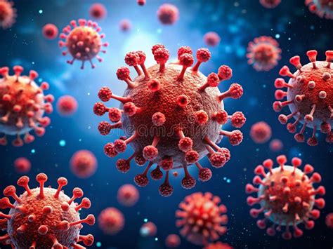 Detailed View Of Microscopic Red Viral Particles In A Blue Background A Panoramic Exploration Of