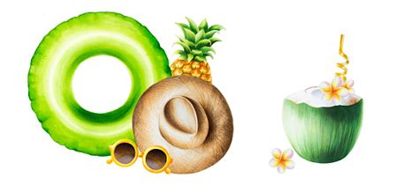 모자 선글라스 파인애플 수영장 플로트 금색 튜브 삽화가 있는 녹색 코코넛이 있는 수채화 열대 해변 구성 열대 과일은 흰색 배경에 분리되어 있다 디자이너 스파 장식 엽서