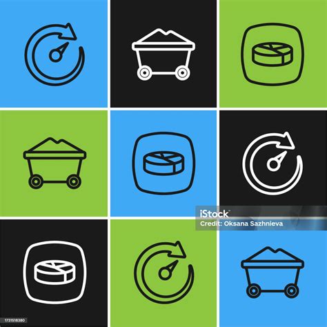 Set Line Digital Speed Meter Pie Chart Infographic And Coal Mine Trolley Icon Vector Stock