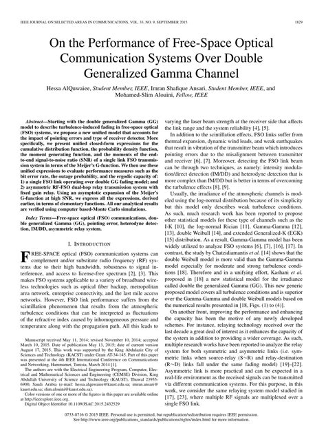 Pdf On The Performance Of Free Space Optical Communication Systems Over Double Generalized