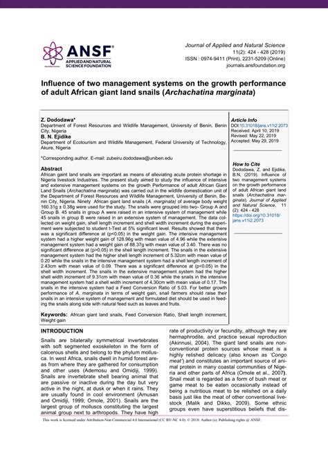 Pdf Influence Of Two Management Systems On The Growth Performance Of Adult African Giant Land