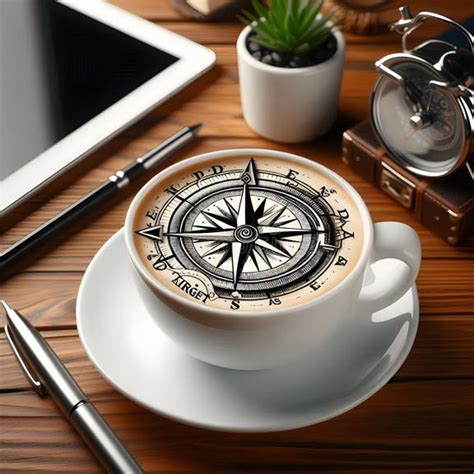 Cappuccino With Compass Rose Design On Wooden Desk With Tablet Pens