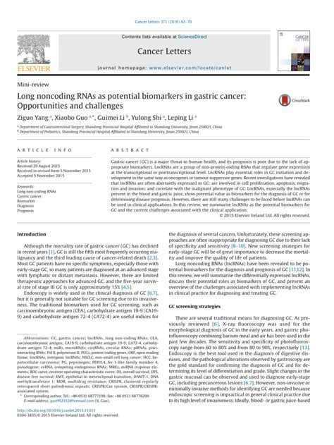 Pdf Long Noncoding Rnas As Potential Biomarkers In Gastric Cancer