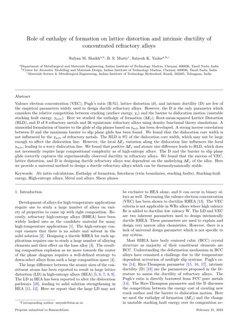 Pdf Role Of Enthalpy Of Formation On Lattice Distortion And Intrinsic Ductility Of