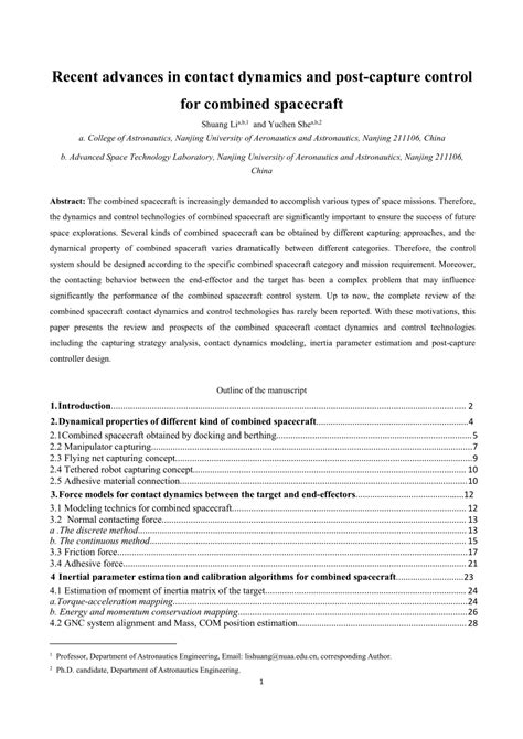 Pdf Recent Advances In Contact Dynamics And Post Capture Control For Combined Spacecraft