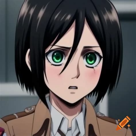 Sad Girl With Short Black Hair And Slanted Green Eyes From Attack On