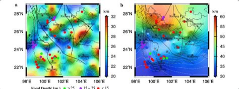 Depth Of The Curie Surface A And Moho Surface B In The Research Download Scientific Diagram