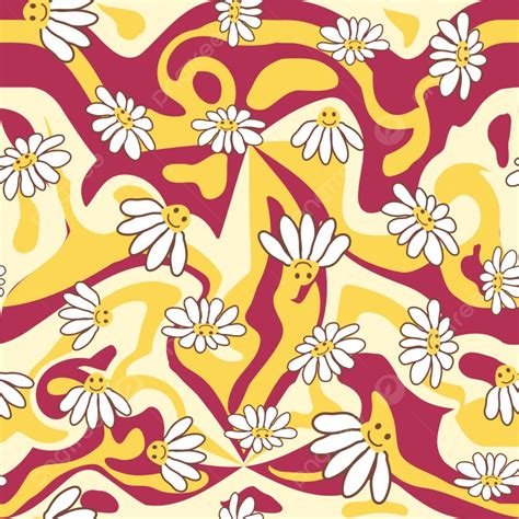 Retro Smile Chamomile Seamless Pattern On 1970 Wavy Swirl Pattern Background Pattern Chamomile