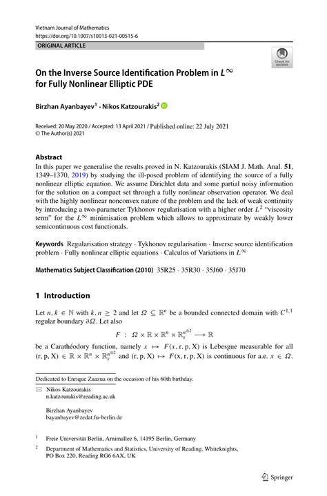 Pdf On The Inverse Source Identification Problem In L∞ For Fully Nonlinear Elliptic Pde