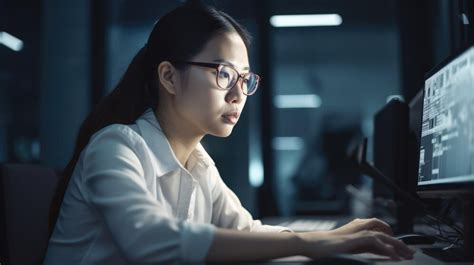 Premium Photo Software Engineer Female Asian 30s Typing At Desk In Office Generative Ai Aig22