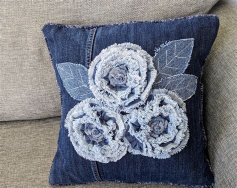 Recycled Denim Flower Pillow Handmade Mothers Day T Pillow