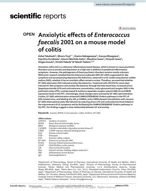 Pdf Anxiolytic Effects Of Enterococcus Faecalis 2001 On A Mouse Model Of Colitis