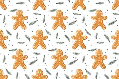 Gingerbread Man 쿠키 크리스마스 트리 가지와 완벽 한 패턴 유약 그림으로 전통적인 크리스마스 베이킹 수제 쿠키 벽지 스크랩 포장지에 대한 반복 배경 0명에 대한