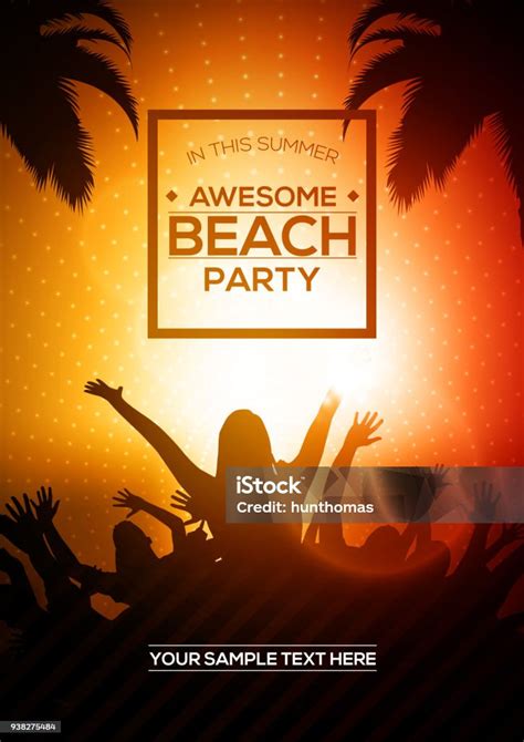 템플릿 편집 가능한 벡터 여름 해변 파티 플라이어 해질녘 야자수 아래 젊은 이들이 실루엣 댄스와 A4 크기 디자인 컨셉 개념에