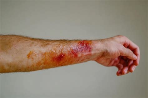 Closeup Of A Burn Injury On A Mans Arm Premium AI Generated Image
