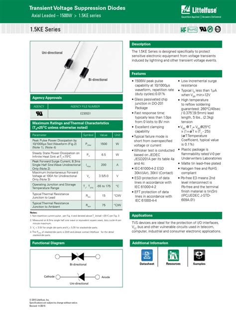 Littelfuse Tvs Diode 1 5ke Datasheet Pdf Pdf Diode Electrical Components