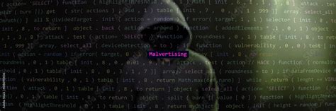 Cyber Attack Malvertising Text In Foreground Screen Anonymous Hacker Hidden With Hoodie In The