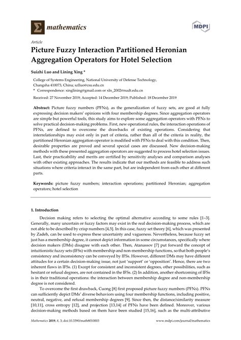 Pdf Picture Fuzzy Interaction Partitioned Heronian Aggregation Operators For Hotel Selection