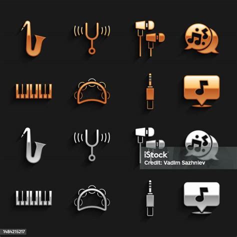 탬버린 음표 음색 오디오 잭 신디사이저 에어 헤드폰 악기 색소폰 및 소리굽쇠 아이콘을 설정합니다 벡터 0명에 대한 스톡 벡터