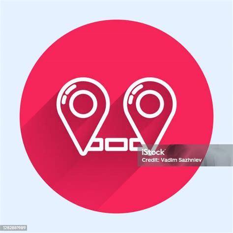 긴 그림자로 격리된 화이트 라인 경로 위치 아이콘입니다 맵 포인터 기호입니다 경로 또는 도로의 개념 Gps 네비게이터 빨간색 원 버튼입니다 벡터 일러스트레이션 0명에 대한