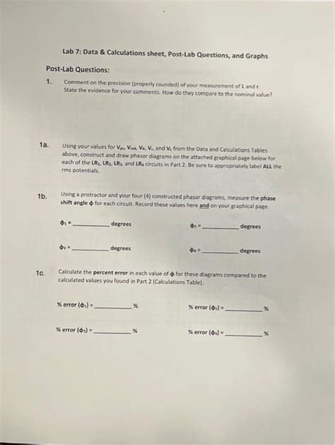 Lab 7 Data And Calculations Sheet Post Lab Questions