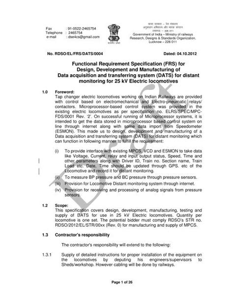 Functional Requirement Specification Frs Rdso Indian Railway