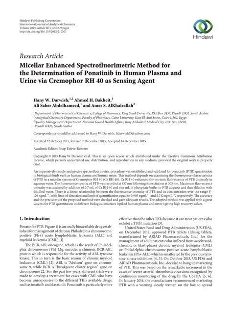 Pdf Micellar Enhanced Spectrofluorimetric Method For The Determination Of Ponatinib In Human