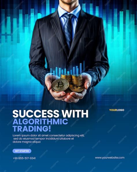 Algorithmic Trading Futuristic Poster Template With Businessman In A Suit Holding Coins With