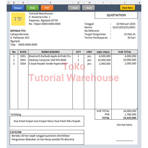 Jual Template Excel Quotation Tersambung Dengan Invoice Otomatis Shopee Indonesia