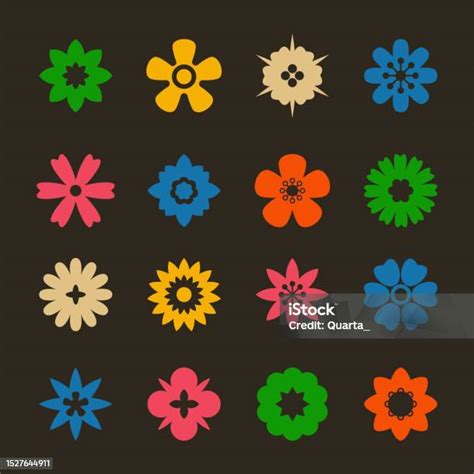 그루비 플라워 플랫 플라워 아이콘이 설정되었습니다 레트로 70년대 벡터 격리 요소 꽃무늬에 대한 스톡 벡터 아트 및 기타 이미지 꽃무늬 팝 아트 1970 1979 년