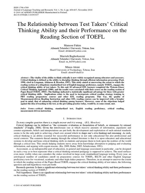 The Relationship Between Test Takers Critical Thinking And Pdf