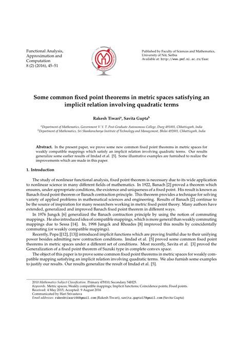 Pdf Some Common Fixed Point Theorems In Metric Spaces Satisfying An Implicit Relation