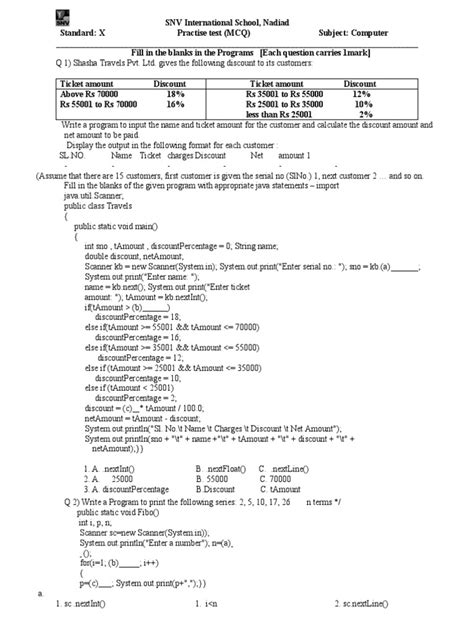 practice test for class 10 computer science program code filling and
