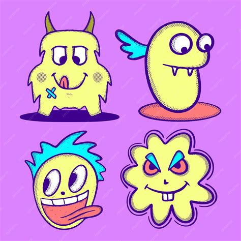 モンスターのかわいいコレクション セット落書きイラスト漫画スケッチ カラフルなタトゥー、ステッカーなど プレミアムベクター