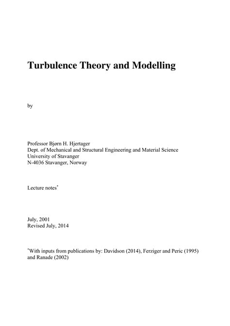 Pdf Turbulence Theory And Modelling Lecture Notes