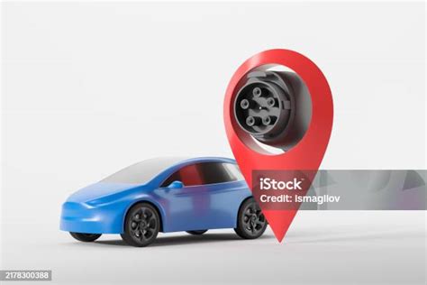 흰색 배경에 큰 빨간색 충전 위치 아이콘 옆에 있는 파란색 전기 자동차 전기 자동차 충전 인프라의 개념 3d 렌더링 0명에 대한 스톡 사진 및 기타 이미지 Istock