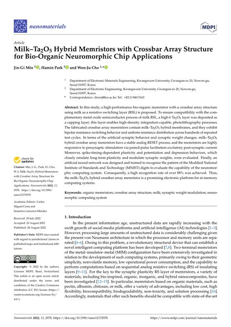 Pdf Milkta2o5 Hybrid Memristors With Crossbar Array Structure For Bio Organic Neuromorphic