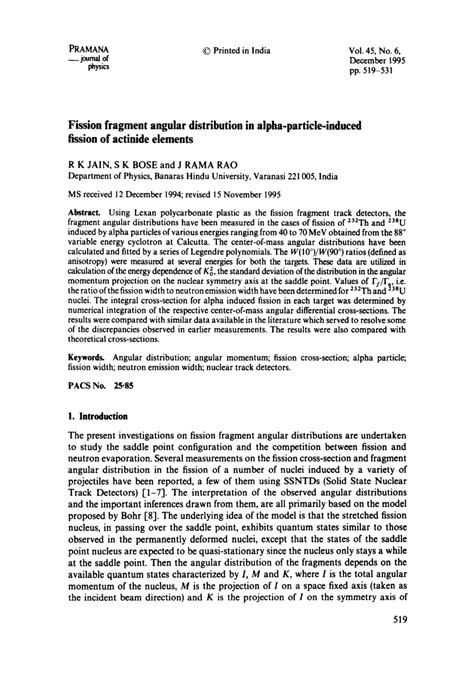 Pdf Pramana Journal Of Physics Fission Fragment Angular Distribution In Alpha Particle
