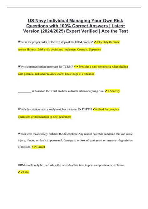 Us Navy Individual Managing Your Own Risk Questions With 100 Correct