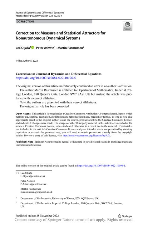 Pdf Correction To Measure And Statistical Attractors For Nonautonomous Dynamical Systems