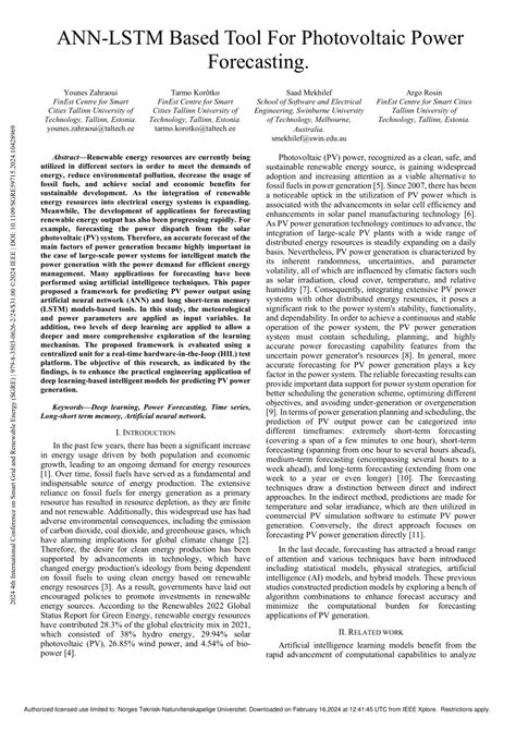 Pdf Ann Lstm Based Tool For Photovoltaic Power Forecasting