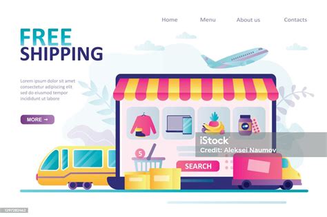 무료 우송과 다른 제품 노트북 화면에 상품의 다양한 구색응용 프로그램 전 세계 배송을 위한 운송 소포에 대한 스톡 벡터 아트 및