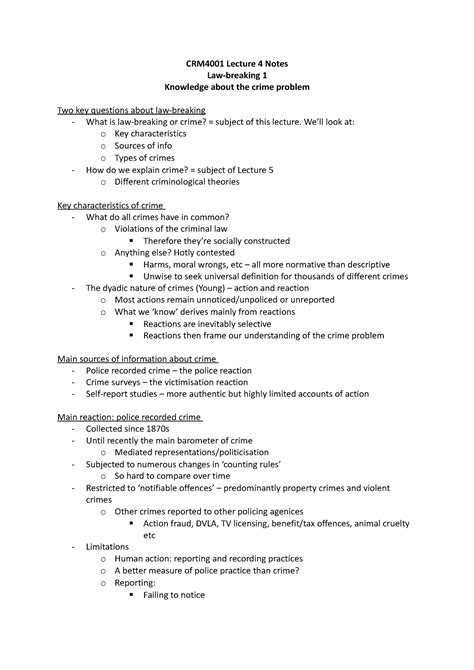 Crm4001 Lecture 4 Notes Crm4001 Lecture 4 Notes Law Breaking 1 Knowledge About The Crime