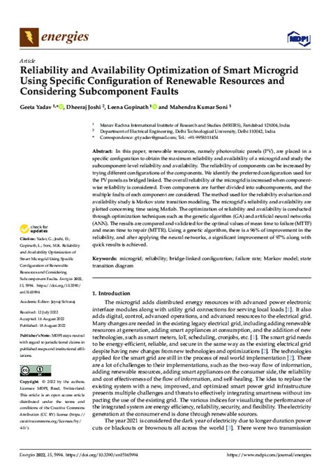 Pdf Reliability And Availability Optimization Of Smart Microgrid