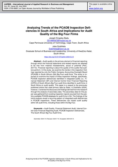 Pdf Analyzing Trends Of The Pcaob Inspection Deficiencies In South Africa And Implications For