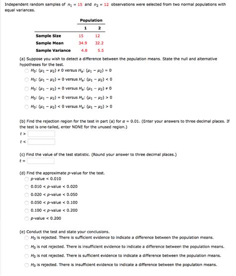 Solved Independent Random Samples Of N 1 15 And N 2 12