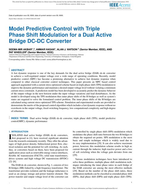 Pdf Model Predictive Control With Triple Phase Shift Modulation For A Dual Active Bridge Dc Dc
