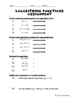 Intro To Logarithmic Functions Notes And Practice Homework Assignment